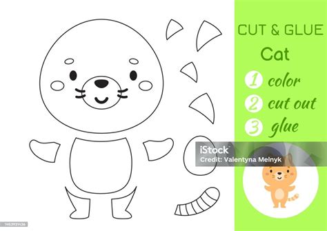 색칠 잘라 및 접착제 종이 작은 고양이 공예품 활동 페이지를 잘라내어 붙여 넣습니다 미취학 아동을위한 교육 게임 Diy 워크 시트 어린이 논리 게임 퍼즐 벡터 스톡 일러스트