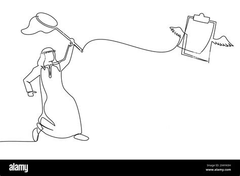 Single One Line Drawing Arabian Businessman Try To Catching Flying