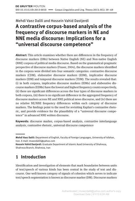 Pdf A Contrastive Corpus Based Analysis Of The Frequency Of Discourse Markers In Ne And Nne