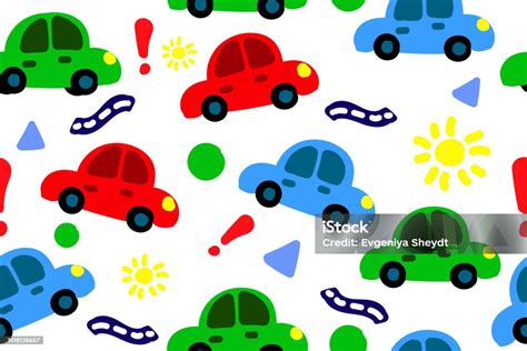 판타지 가상의 자동차 자동차를 그리는 아이들 자동차와 도로 표지판의 원활한 패턴 0명에 대한 스톡 벡터 아트 및 기타 이미지