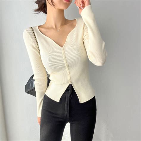 레이디무브 8color 물결 하트넥 브이 여리 슬림핏 트임 골지 니트 가디건