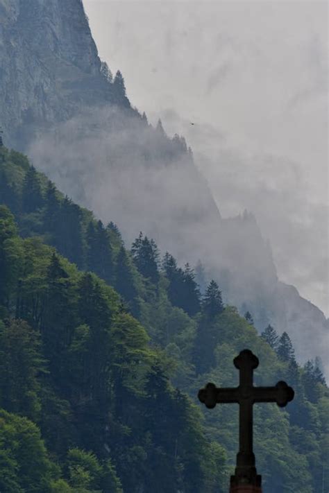거룩한 경치 경치가 좋은 고요한 광야 구름 나무 나뭇잎 녹지 대기의 박무 산 수직 쐈어 숲 신비로운 신성한 실루엣 십자가 안개 야외에서