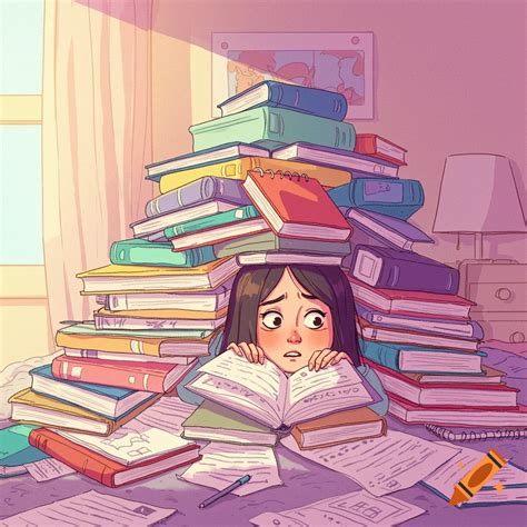Cartoon Illustration Of A Student Buried Under A Huge Pile Of Textbooks