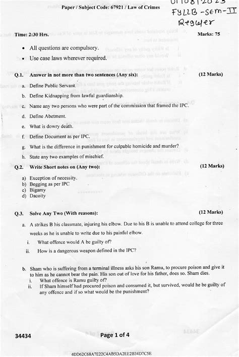 Law Of Crimes Time 2 30 Hrs Paper Subjectcode 67921 Law°fcrfmes Fbllb Sgm I Yar€9dy€r
