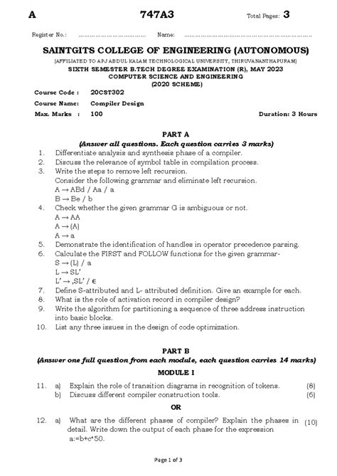 Compiler Design Btech Cs S6 May 2023 A 747a3 Total Pages 3 Page 1