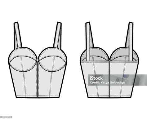 얇은 스트랩 지퍼업 클로저 컵 슬림 핏 웨스트 크롭 길이가 있는 데님 뷔스티에 탑 테크니컬 패션 일러스트 0명에 대한 스톡 벡터 아트 및 기타 이미지 Istock