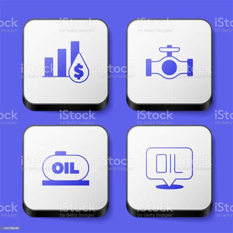 파이 차트와 달러 밸브가 있는 오일 파이프 탱크 저장 및 Word 오일 아이콘을 설정합니다 흰색 사각형 버튼입니다 벡터 가솔린에