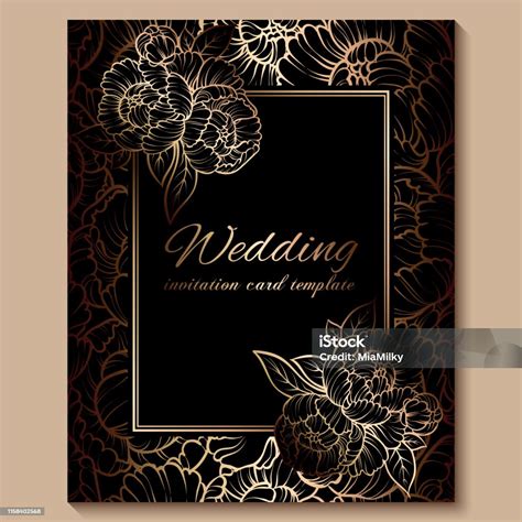 골동품 로얄 럭셔리 웨딩 초대장 검은 색 배경에 금색 프레임과 텍스트 장소 장미 또는 반짝이는 그라데이션이있는 모란으로 만든 레이스 단풍 0명에 대한 스톡 벡터 아트 및