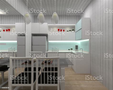 흰색 미니멀 한 캐비닛과 조명 장식현대 식당과 주방 디자인 0명에 대한 스톡 사진 및 기타 이미지 0명 3차원 형태 가구 Istock