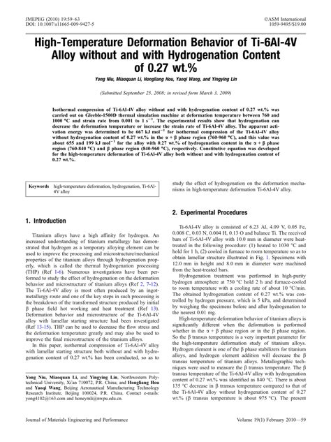 Pdf High Temperature Deformation Behavior Of Ti6al4v Alloy Without