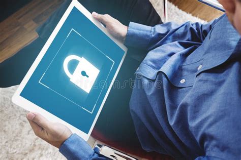 Mobile Device Security System A Man Using Digital Tablet And Lock Icon On Screen Stock Image