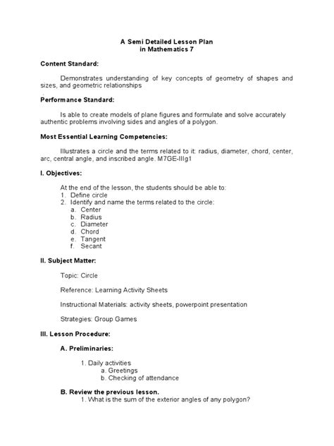 A Semi Detailed Lesson Plan Pdf Circle Euclidean Plane Geometry