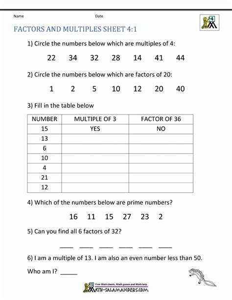 Factors And Multiples Free Worksheets