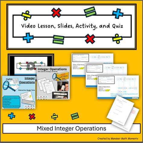 Mixed Integer Operations Video Lesson Slides Activity And Quiz