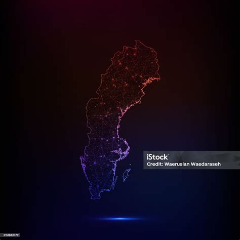 스웨덴지도 개요 별과 선 여러 색상 추상적 인 프레임 워크 어두운 배경에 미래 지향적인 낮은 다각형 와이어 프레임 선 및 점 디자인 0명에 대한 스톡 벡터 아트 및 기타