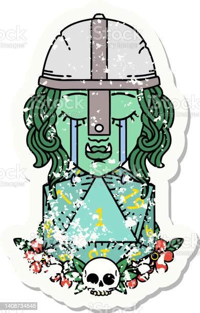 자연 하나의 D20 롤 그런 지 스티커와 함께 우는 오크 전투기 캐릭터 굴리기에 대한 스톡 벡터 아트 및 기타 이미지 굴리기