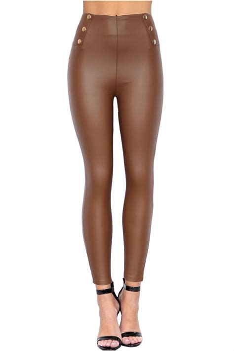 Womens Button Stretchy Faux Leather Leggings Sexy High Waisted Pants