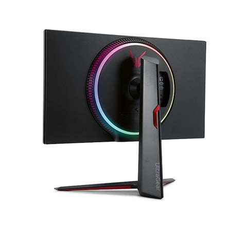 这款游戏显示器的四面都由窄边框框住，使玩家能够专注于屏幕并沉浸在动作中。位于显示器后部的圆形led灯可以调节以匹配游戏的颜色和亮度，以增强用户体验。独特的v形支架高度可调，并允许根据需要修改