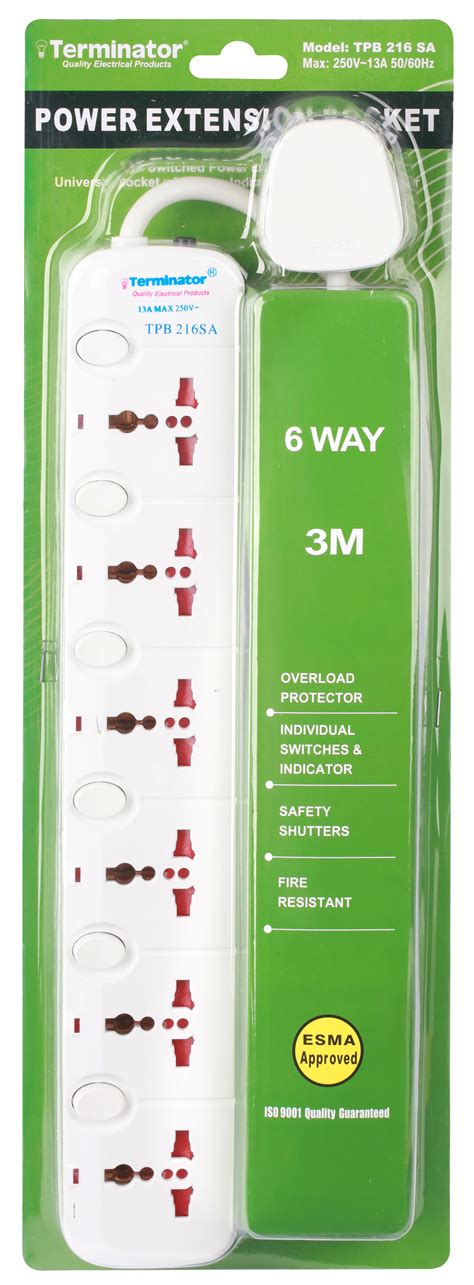 Terminator 6 Way Universal Power Extension Socket 3m