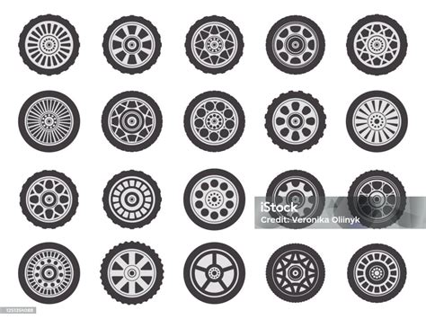 자동차 휠 림 자동차 차량 고무 휠 타이어 자동 타이어 트레드 트랙 자동차 경주 고무 바퀴 타이어 벡터 일러스트 아이콘 세트 가장자리에 대한 스톡 벡터 아트 및 기타 이미지