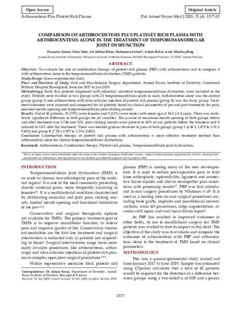 Pdf Comparison Of Arthrocentesis Plus Platelet Rich Plasma With Arthrocentesis Alone In The