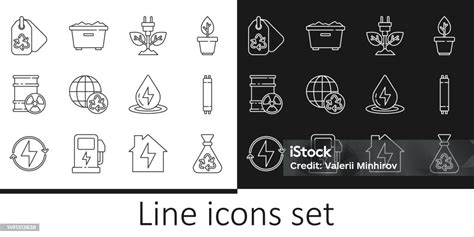 재활용 형광등 잎 지구 및 재활용 방사성 폐기물 배럴 태그 물 에너지 및 휴지통 아이콘에 전기 절약 플러그가 있는 라인 쓰레기