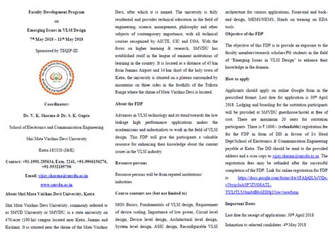 Faculty Development Program Emerging Issues In Vlsi Design Shri Mata Vaishno Devi University