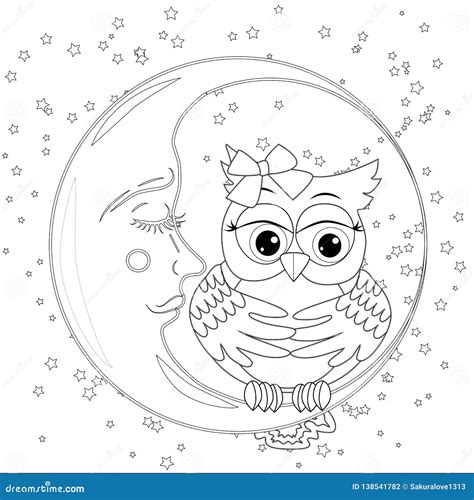 Cute Owl On Half Moon With Stars Adult Anti Stress Coloring Book Stock Illustration