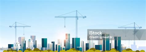 현대 도시 건설 현장 타워 크레인 건물 주거 건물 도시 풍경 일몰 스카이 라인 배경 평면 수평 배너 도시에 대한 스톡 벡터 아트 및 기타 이미지 Istock
