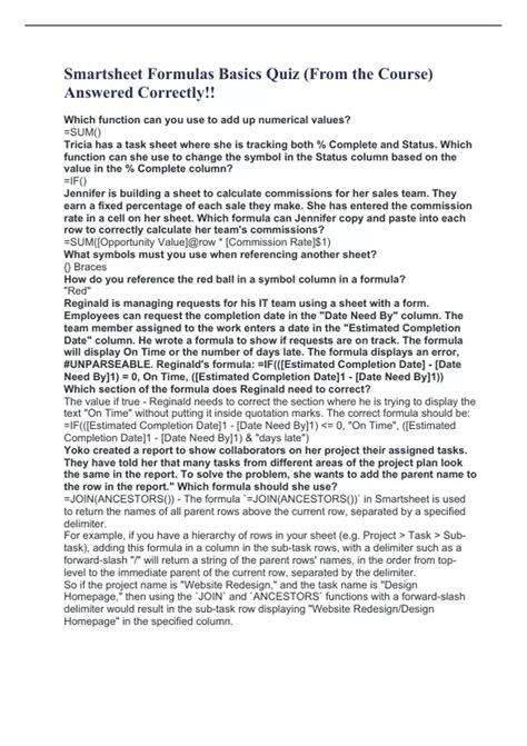 Smartsheet Formulas Basics Quiz From The Course Answered Correctly