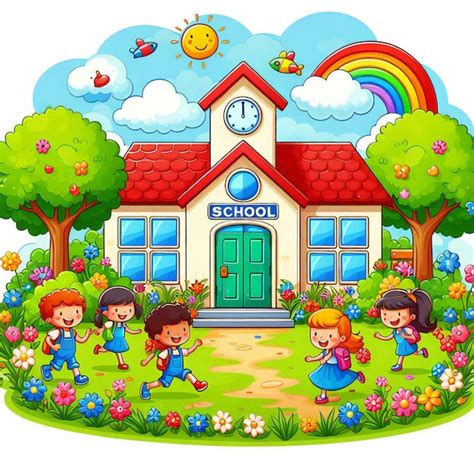 рисунок детей играющих перед школой с радугой на заднем плане Премиум Ai сгенерированное