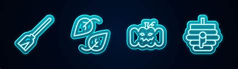 꿀벌을위한 세트 라인 핸들 빗자루 잎 호박과 하이브 빛나는 네온 아이콘 벡터 10월에 대한 스톡 벡터 아트 및 기타 이미지 10월 가을 가정 생활 Istock