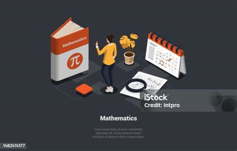 수학 연구 과목 교육 및 과학의 개념 숫자 파이 로고가 있는 수학 책 앞에 있는 여자 캘린더 교실에 메모가 있는 노트북 아이소메트릭 3d 만화 벡터 일러스트레이션 3차원