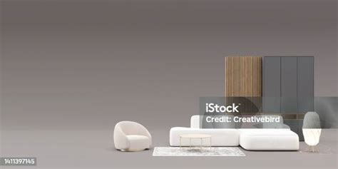 현대적인 가구가있는 배너와 광고 텍스트 또는 로고를위한 복사 공간 가구 가게 인테리어 세부 사항 가구 판매 또는 인테리어 프로젝트 개념 여유 공간이있는 템플릿 3d 렌더링