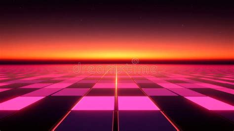 Retro Futuristic Grid Landscape With Sunset Sky And Neon Light Reflection Stock Illustration