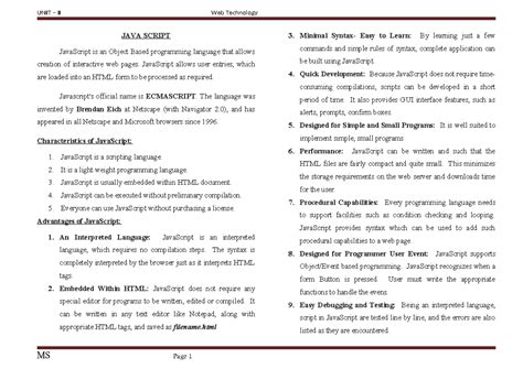 unit ii java script java script javascript is an object based programming language that