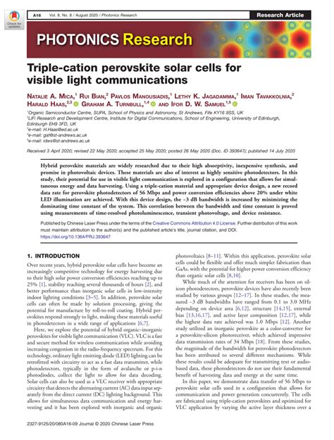 Pdf Triple Cation Perovskite Solar Cells For Visible Light Communications