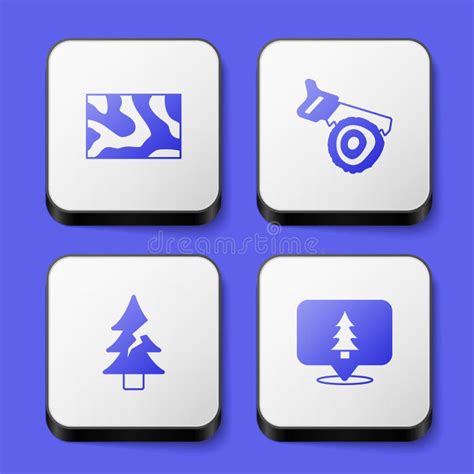 Set Wooden Beam Hand Saw And Log Tree And Location Of The Forest Icon White Square Button