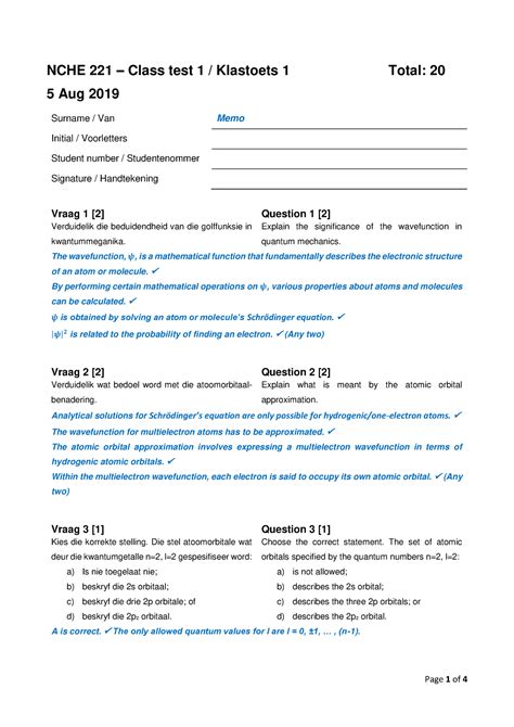 Memo Class Test 1test Memos Nche 221 Class Test 1 Klastoets 1 Total 20 5 Aug 2019