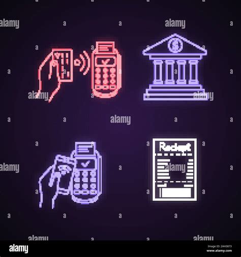 Nfc Payment Neon Light Icons Set Pos Terminal Cash Receipt Pay With Smartphone Online