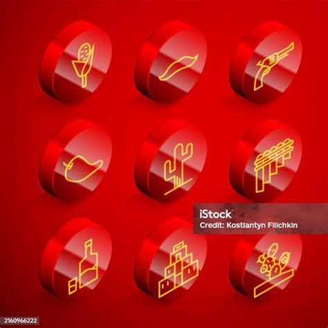 세트 라인 옥수수 콧수염 리볼버 총 핫 칠리 페퍼 포드 선인장 팬 플루트 데킬라 병 및 유리 마야 아이콘의 치첸이트사 벡터 3차원 형태에 대한 스톡 벡터 아트 및 기타
