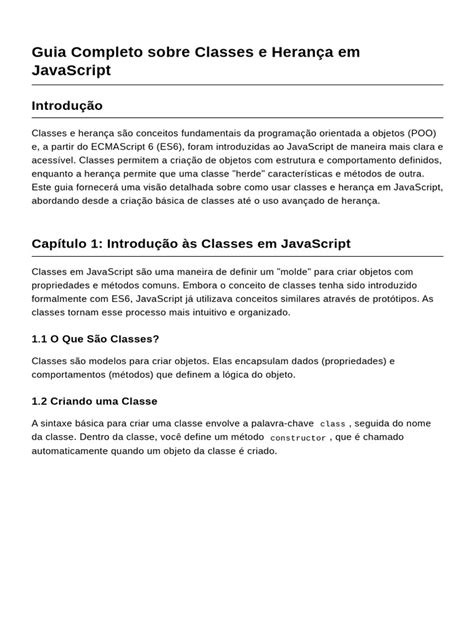 Guia Completo Sobre Classes E Herança Em Javascript Pdf Classe Programação De Computadores