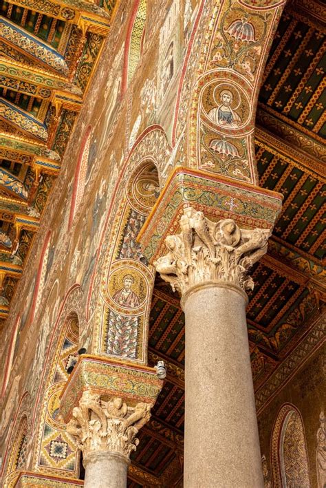 Indoor View Of The Cathedral Of Monreale Decorated With Gold Mosaic In