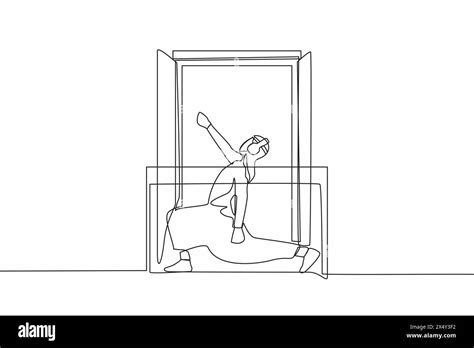 Continuous One Line Drawing Healthy Arabian Man With Headphone Practices Yoga Near Window Or