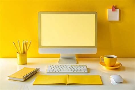 Desktop Mockup Template Computer On Yellow Work Desk With Blank Screen Premium Ai Generated Image