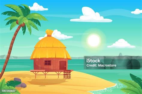 플랫 만화 디자인에 방갈로여름 열대 섬 나무 건물 야자수 바다 또는 바다 해안 전망을 갖춘 샌디 비치 여름 방학 목가적인 바다 풍경 벡터 일러스트 배경 0명에 대한 스톡
