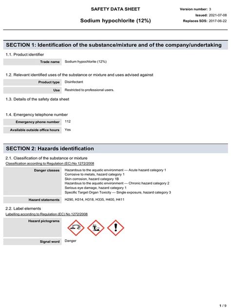 Sodium Hypochlorite 12 Safety Data Sheet Pdf