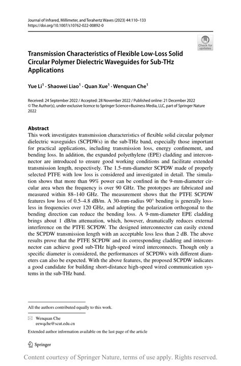 Transmission Characteristics Of Flexible Low Loss Solid Circular Polymer Dielectric Waveguides