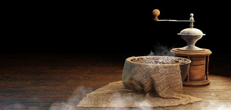 뜨거운 에스프레소 테이블 위의 신선한 커피 나무 배경에 볶은 커피 원두와 커피 머그잔 뜨거운 커피 원두의 3d 그림 Hand Crank에 대한 스톡 사진 및 기타 이미지