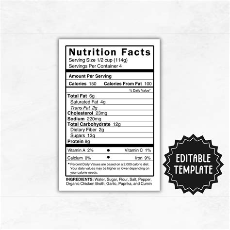 Nutrition Facts Editable Nutrition Label Nutritional Svg Png Clip Art Custom Nutritional